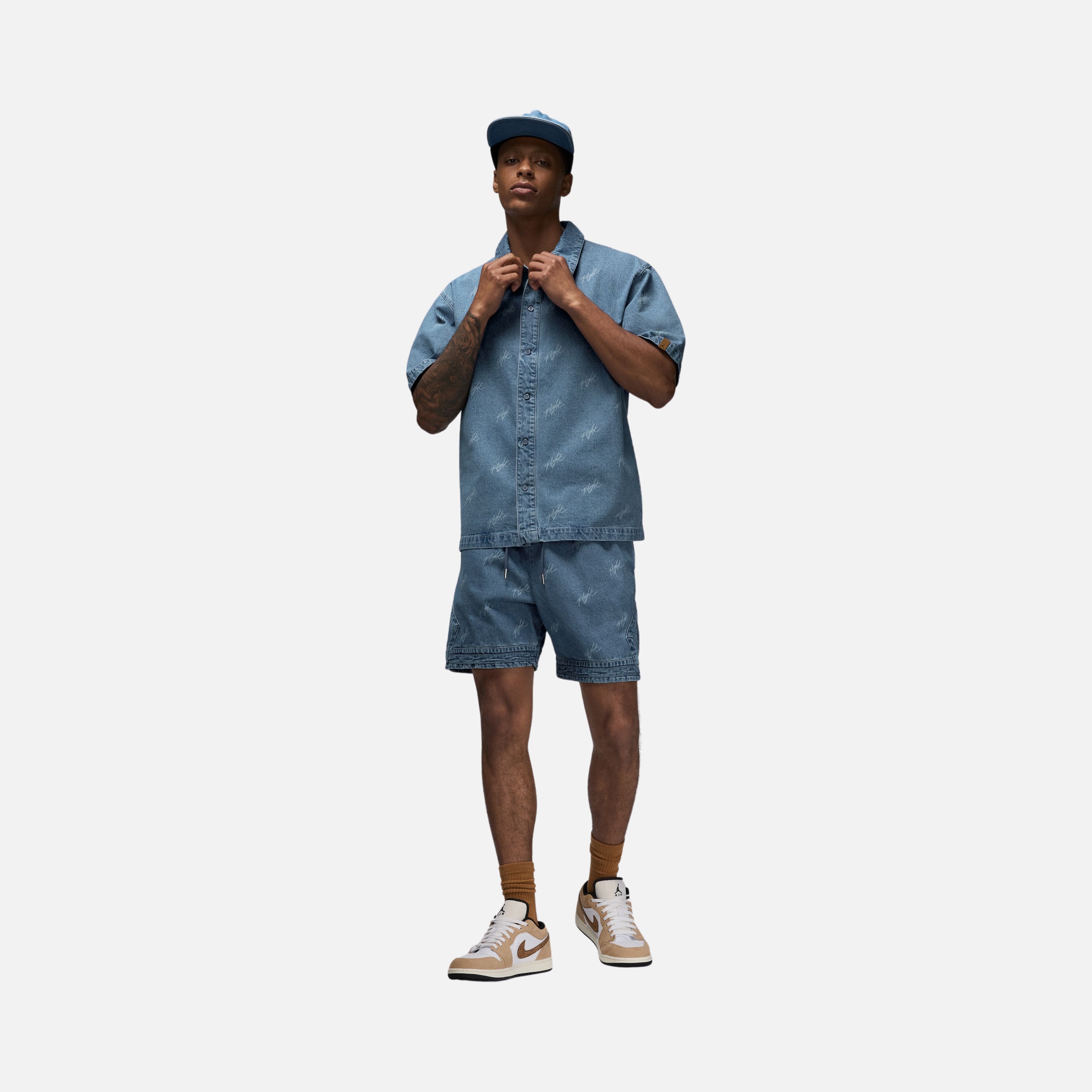 Nike Jordan Flight Heritage Denim Allover Printed Full-Buttoned Short ...